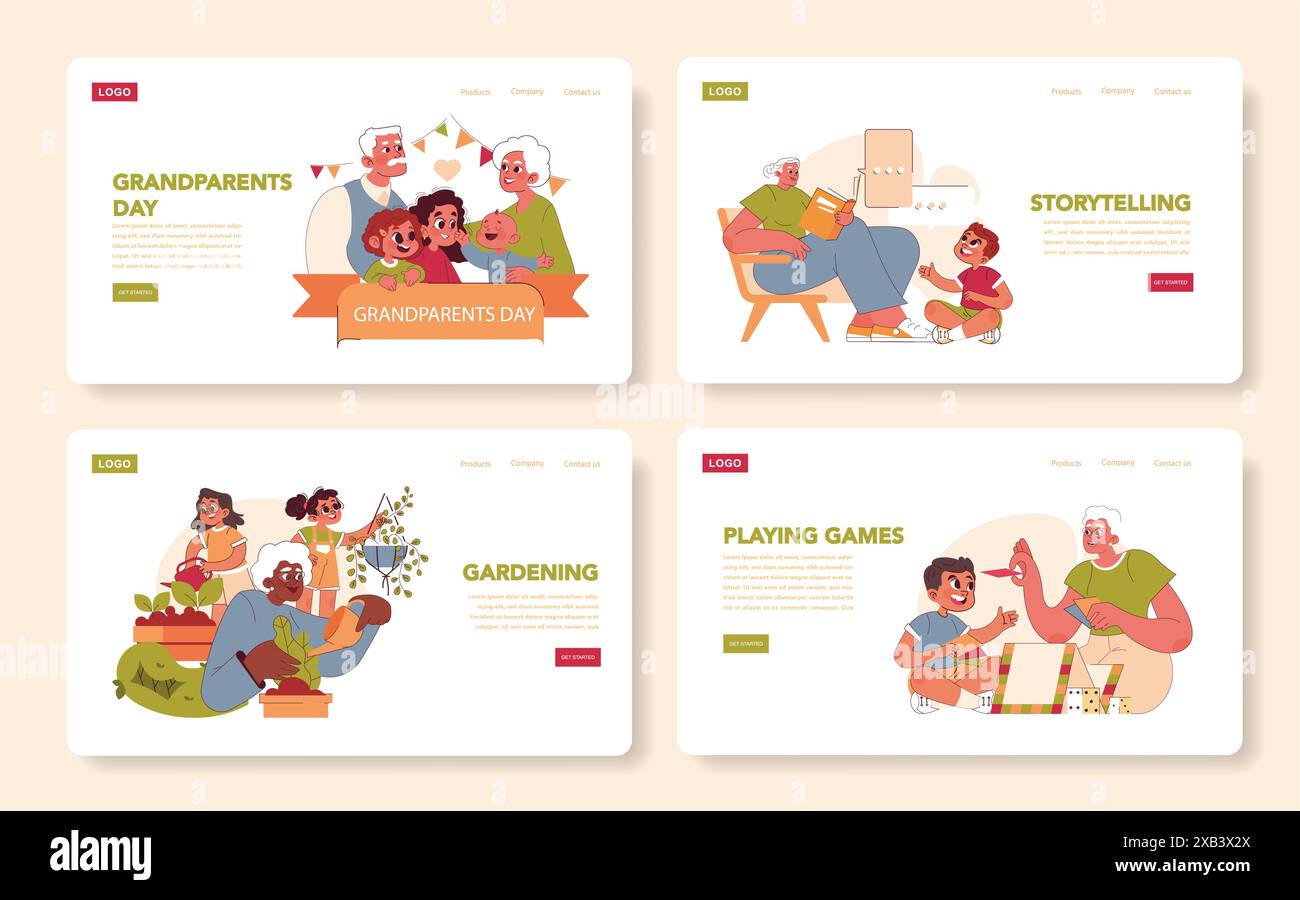 Grandparents Day set. Celebrating family bonds with storytelling, gardening, and playing games ...