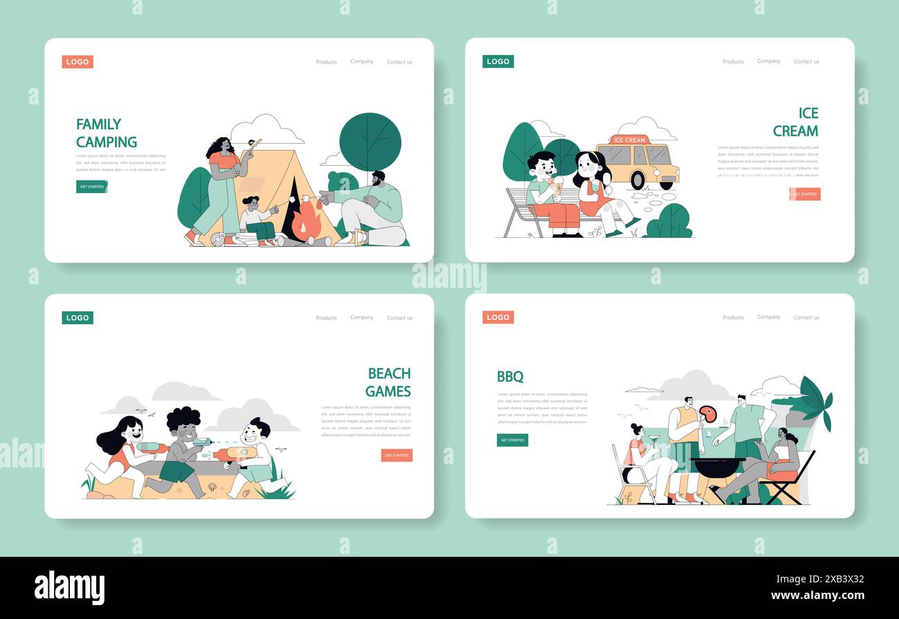 Summer Activities set. Enjoying serene sunsets, adventurous ziplining, tasting local cuisine ...