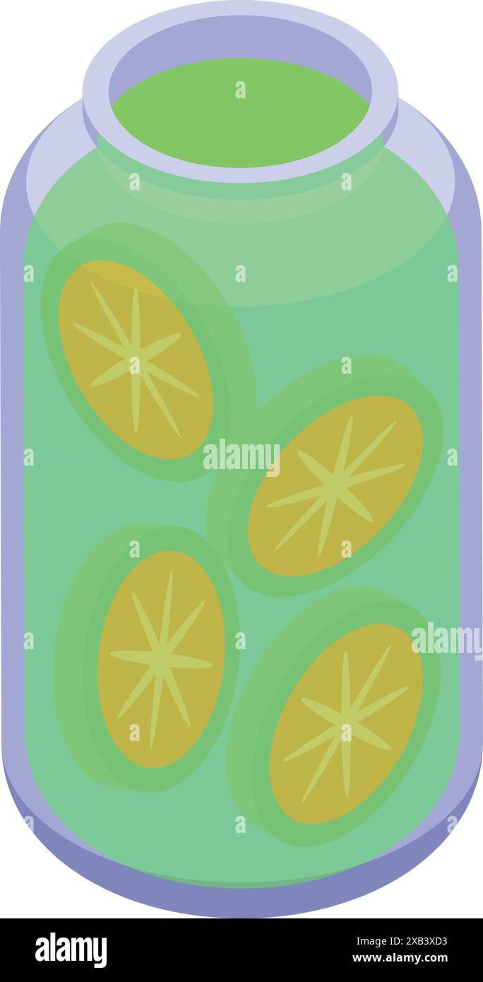 Isometric glass jar filled with sliced citrus fruits soaked in green ...
