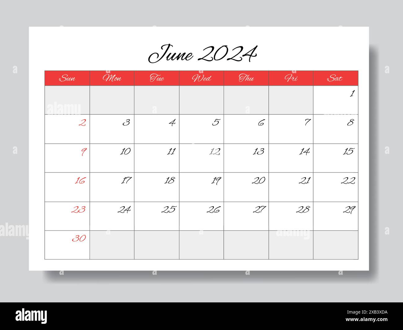 June 2024 ENGLISH month calendar. Vector printable illustration ...