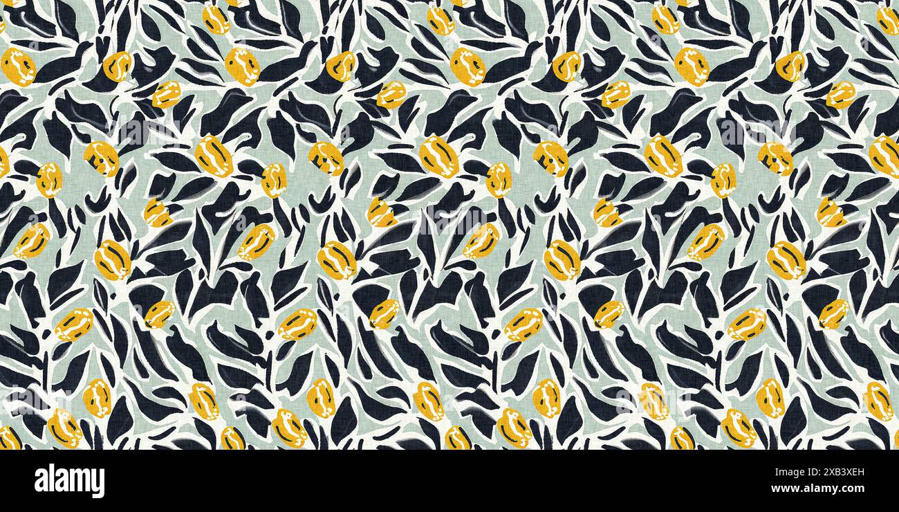 Modern printed fabric flower block print pattern with linen texture ...