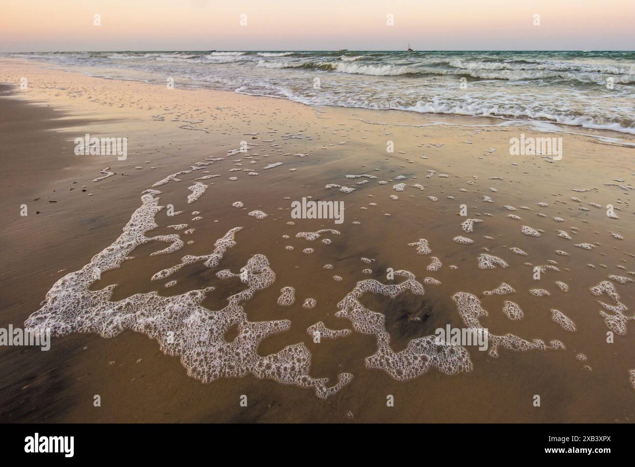 Patterns in foam left by retreating waves on the beach of Inhassoro ...
