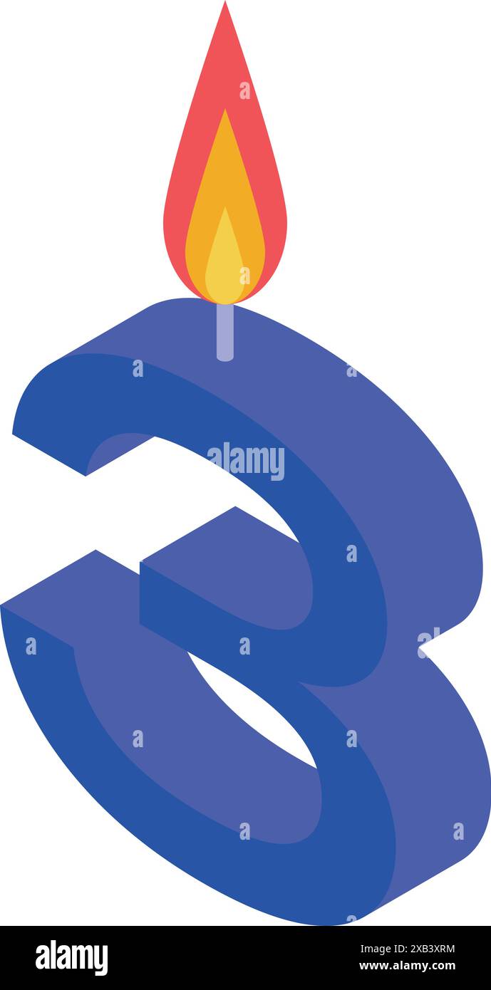 Blue number three candle is burning with a flame on top representing a ...