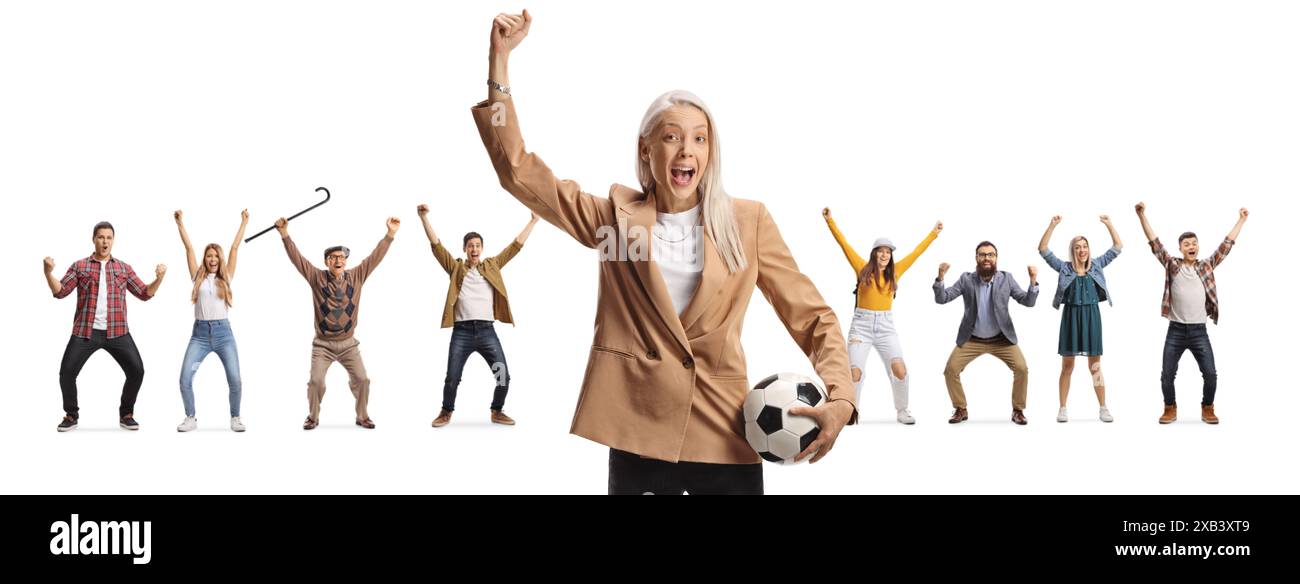 Happy woman with a football and people cheering in the back isolated on ...