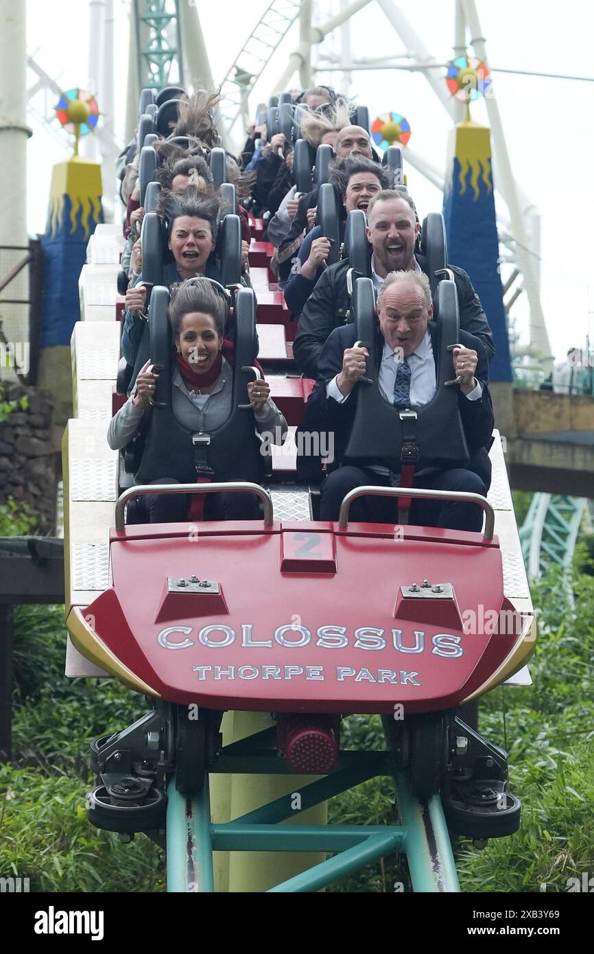 Liberal Democrats leader Sir Ed Davey during a visit to Thorpe Park in ...