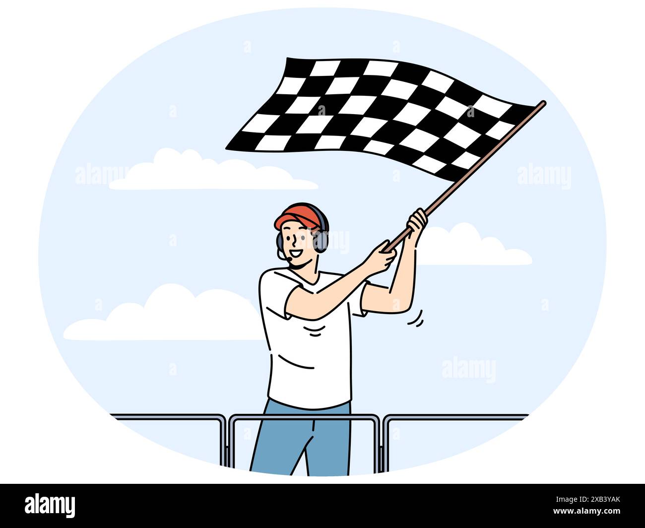 Smiling man in headset waving checkered flag at race on stadium. Happy male employee announce ...
