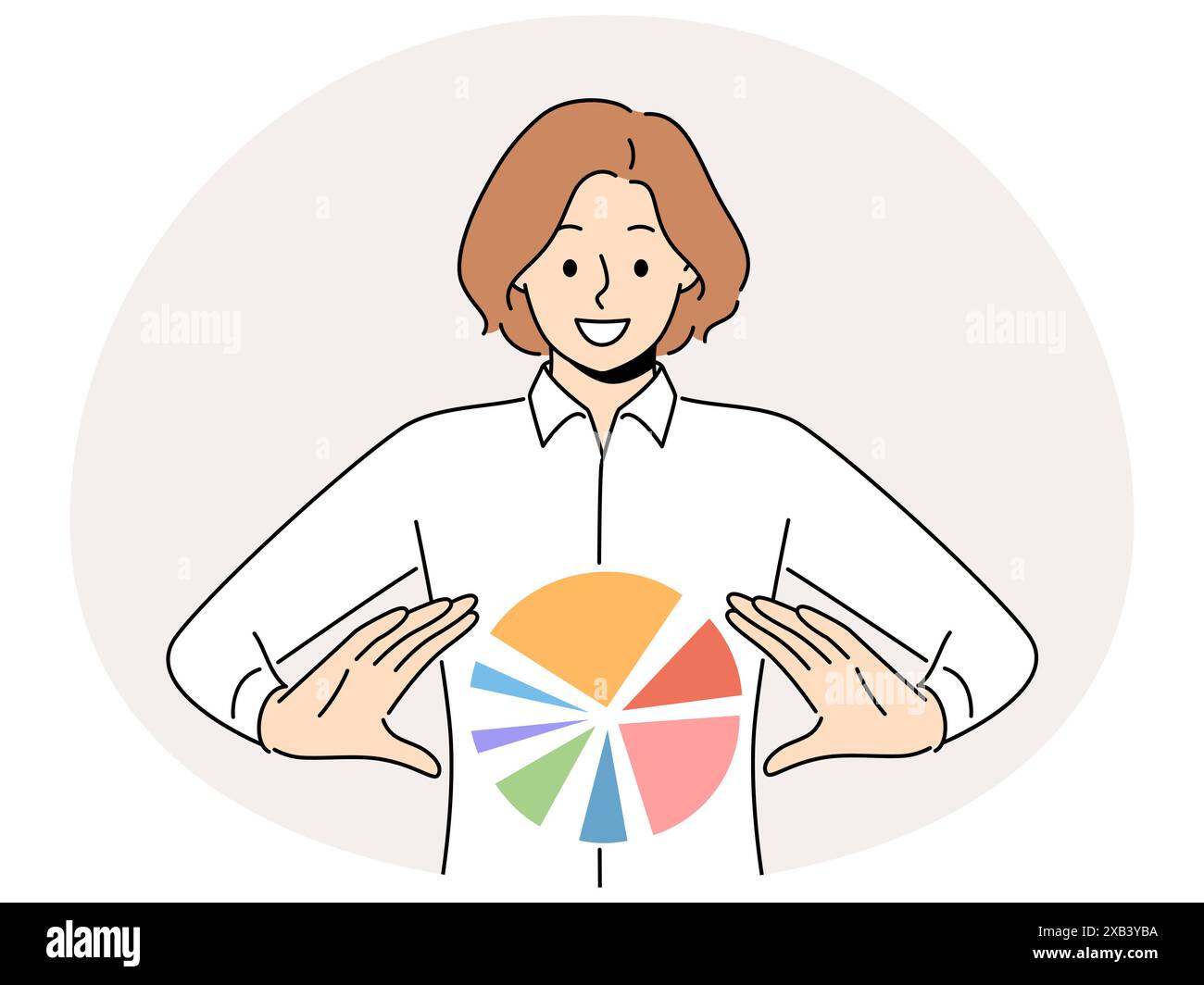 Smiling businesswoman with pie chart diagram in hands. Happy female ...