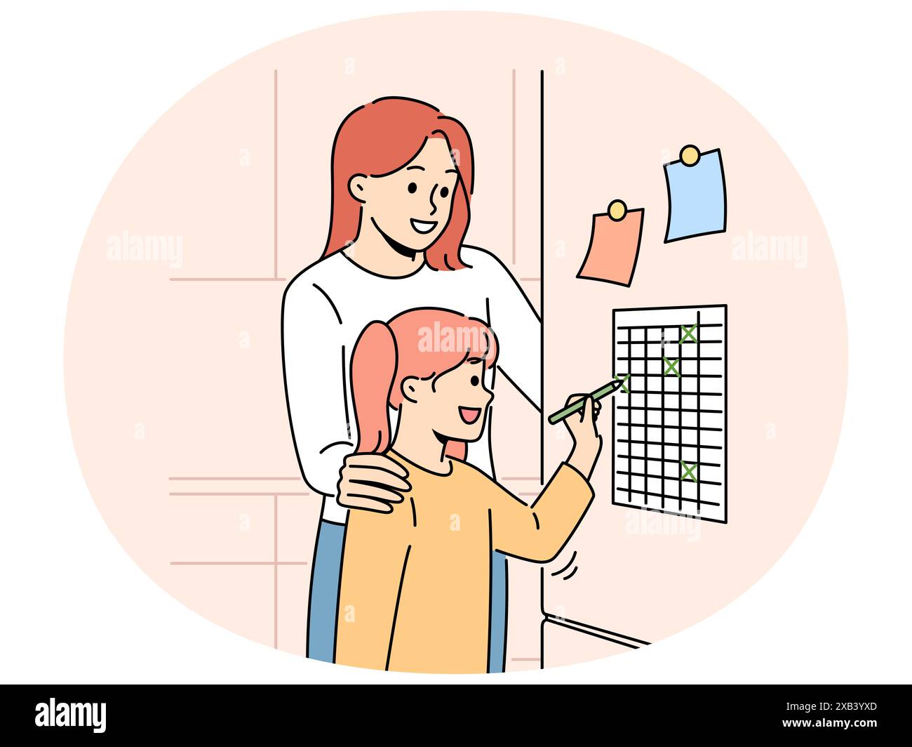 Smiling mother and daughter put marks on to do list on fridge. Happy ...