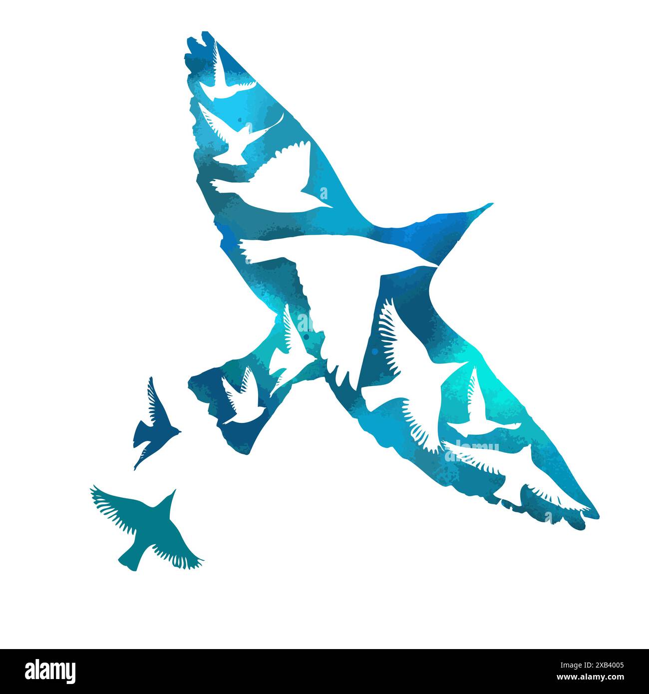 Flying blue birds silhouette flock. hand drawing. Doves of peace ...