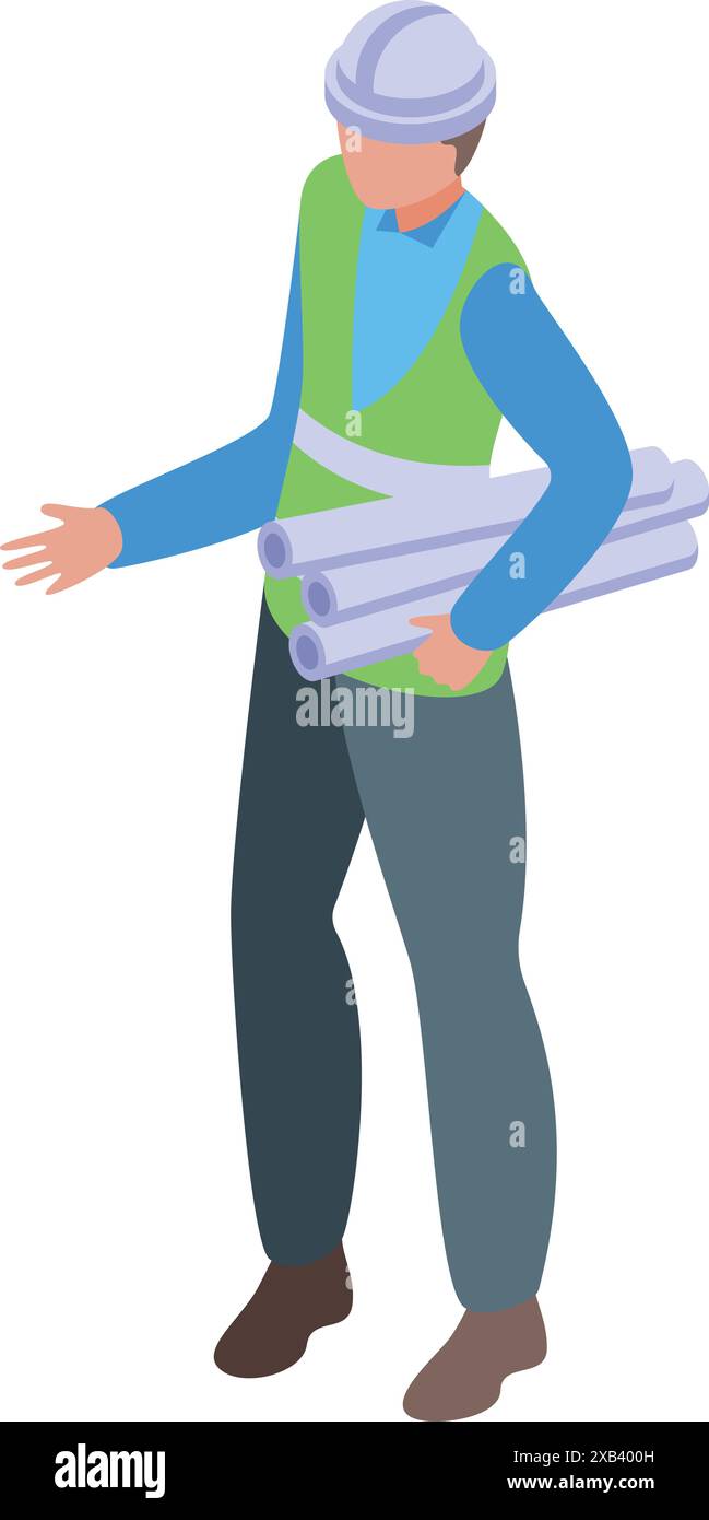 Construction site manager wearing a safety vest is holding blueprints ...