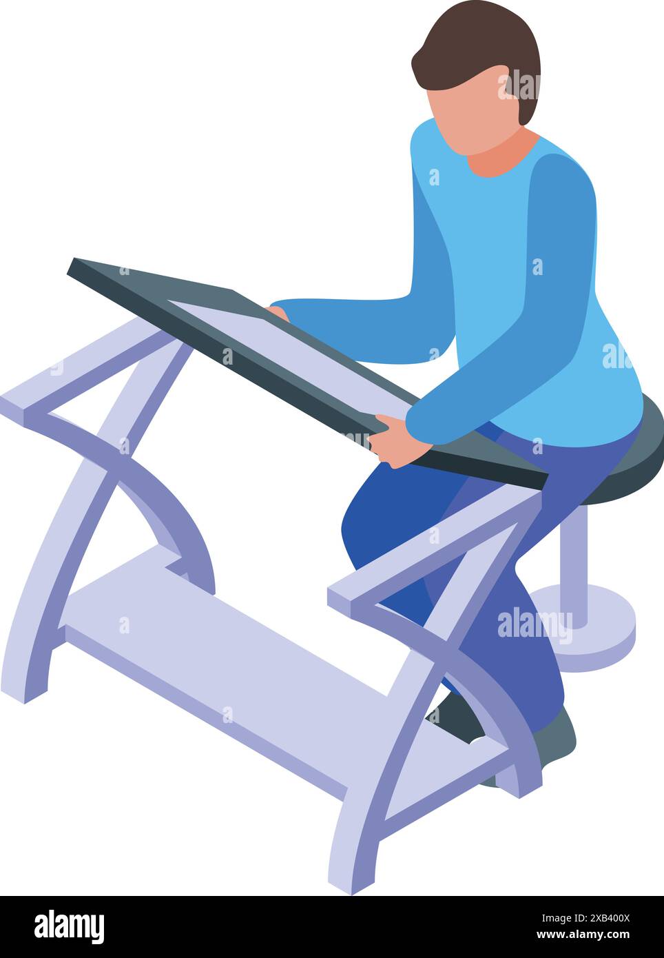 Architect working on new project using drawing board sitting on stool ...