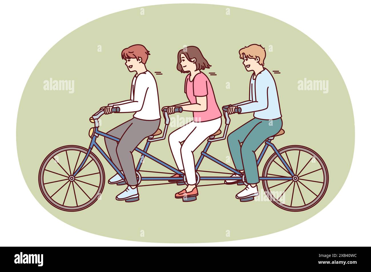 Group of people riding same bike together and enjoying shared relaxation and teamwork while ...