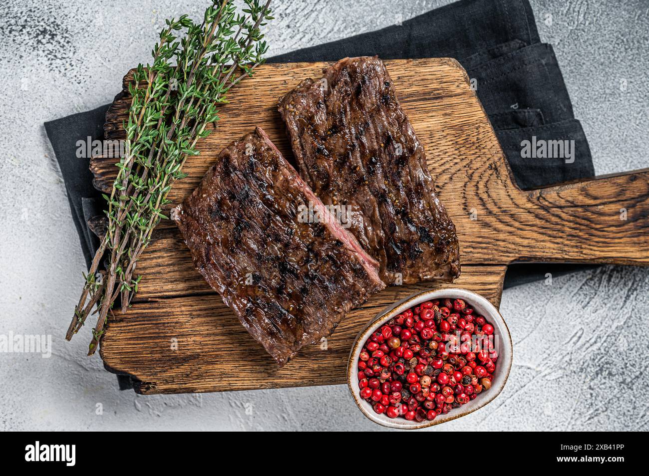 Prime Black Angus Grilled Skirt steak, beef meat. White background. Top ...