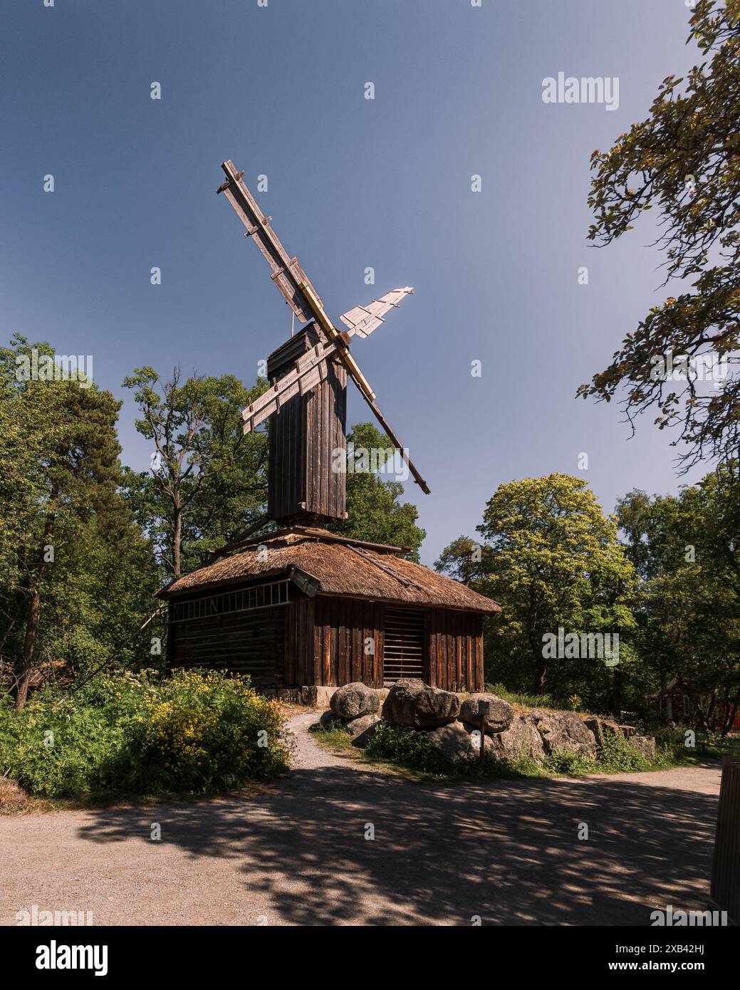 Windmill at the Skansen Museum in Stockholm. An ancient wooden mill in ...