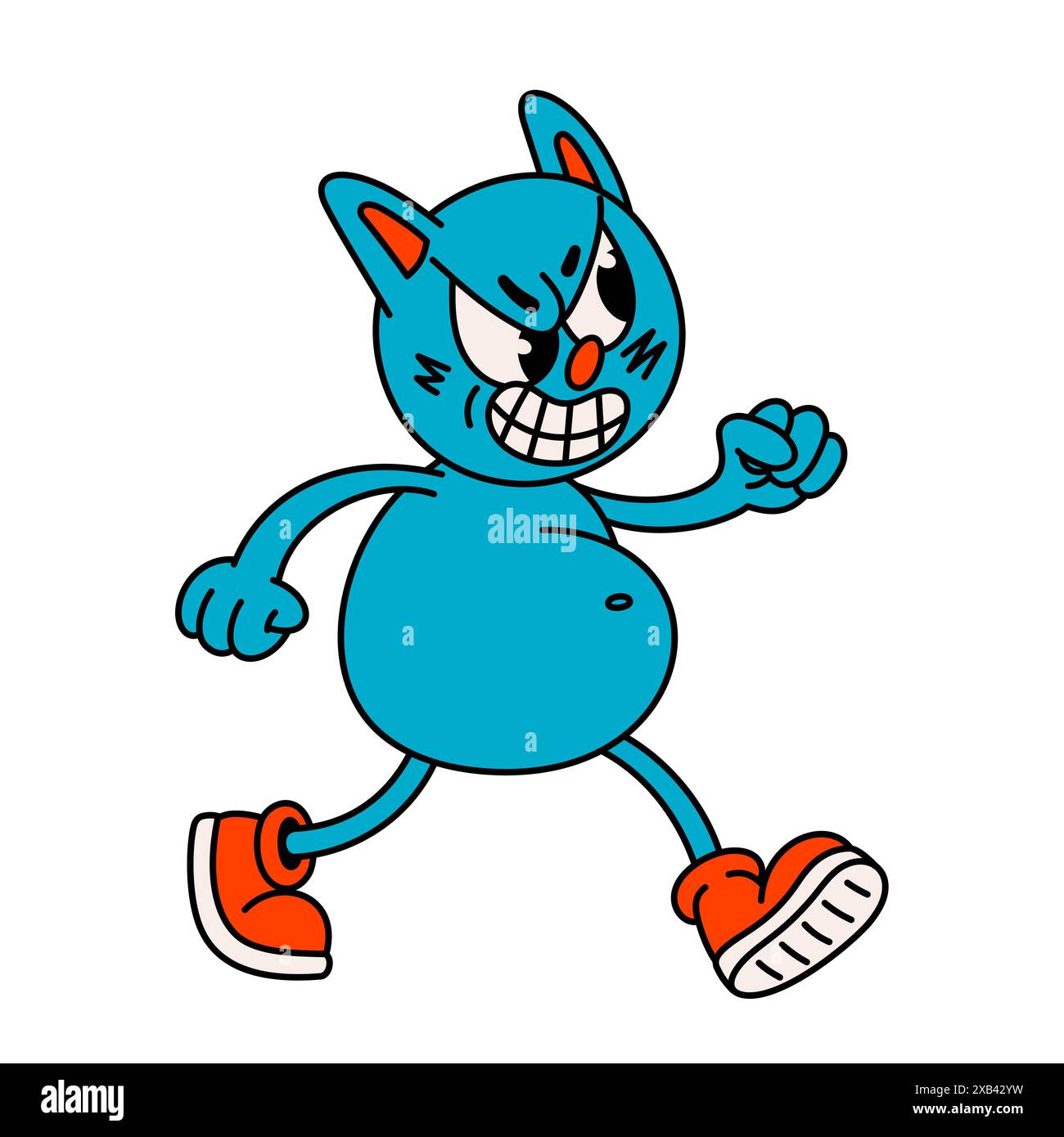 Retro style funny cartoon cat character. Groovy vintage 70s angry blue ...