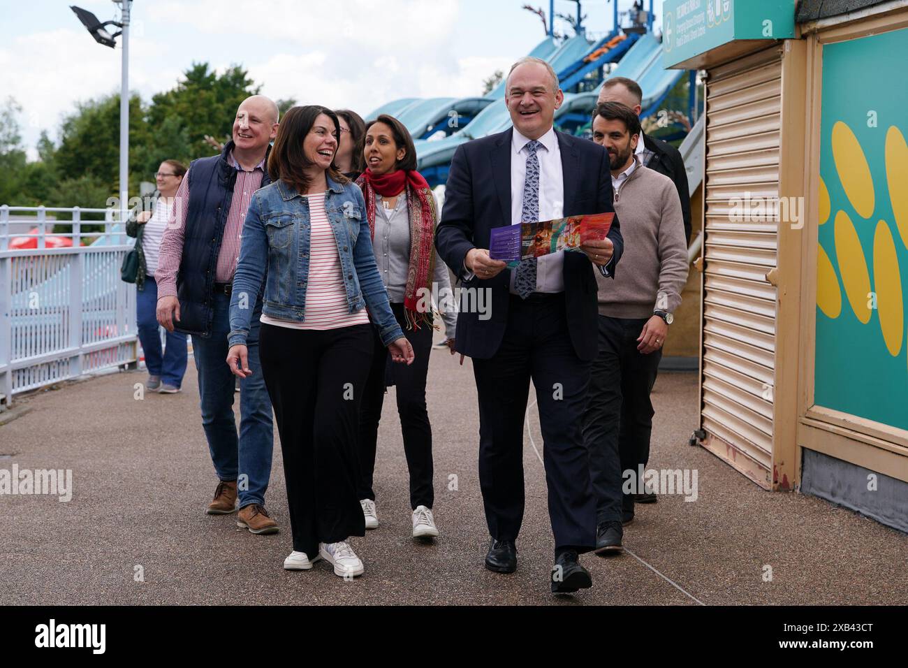 Liberal Democrats leader Sir Ed Davey during a visit to Thorpe Park in ...