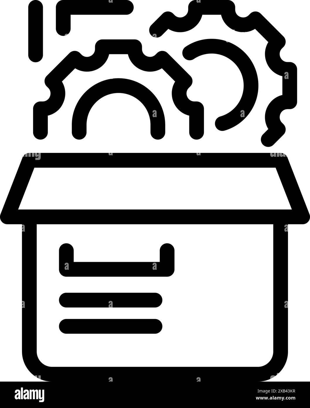 Line icon of an open cardboard box with gears coming out of it ...