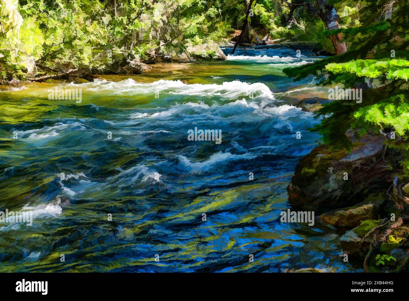 An illustration of a rushing cold stream on the Chinook Pass in ...