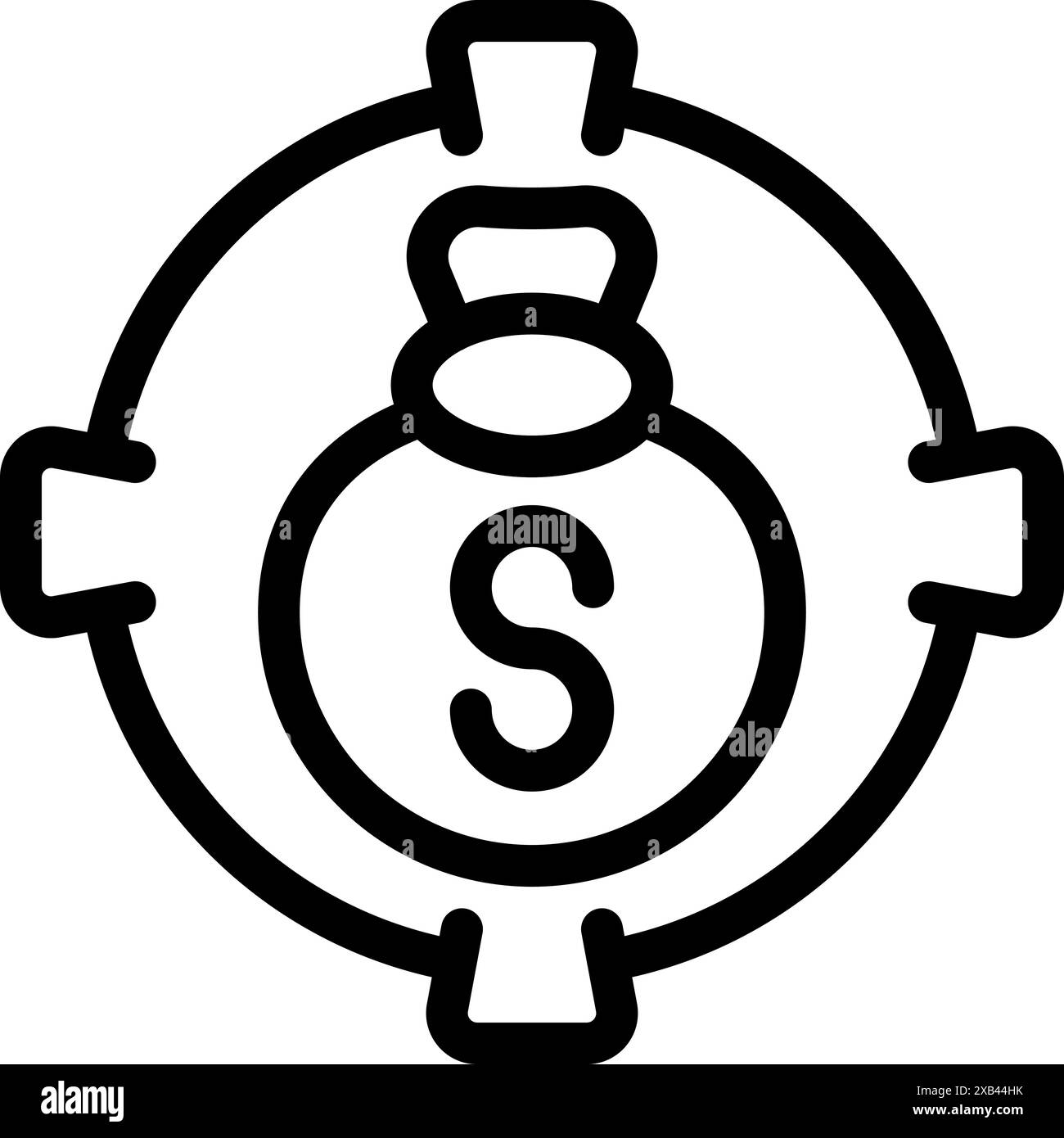 Line icon of a money bag in a crosshair, representing the concept of ...