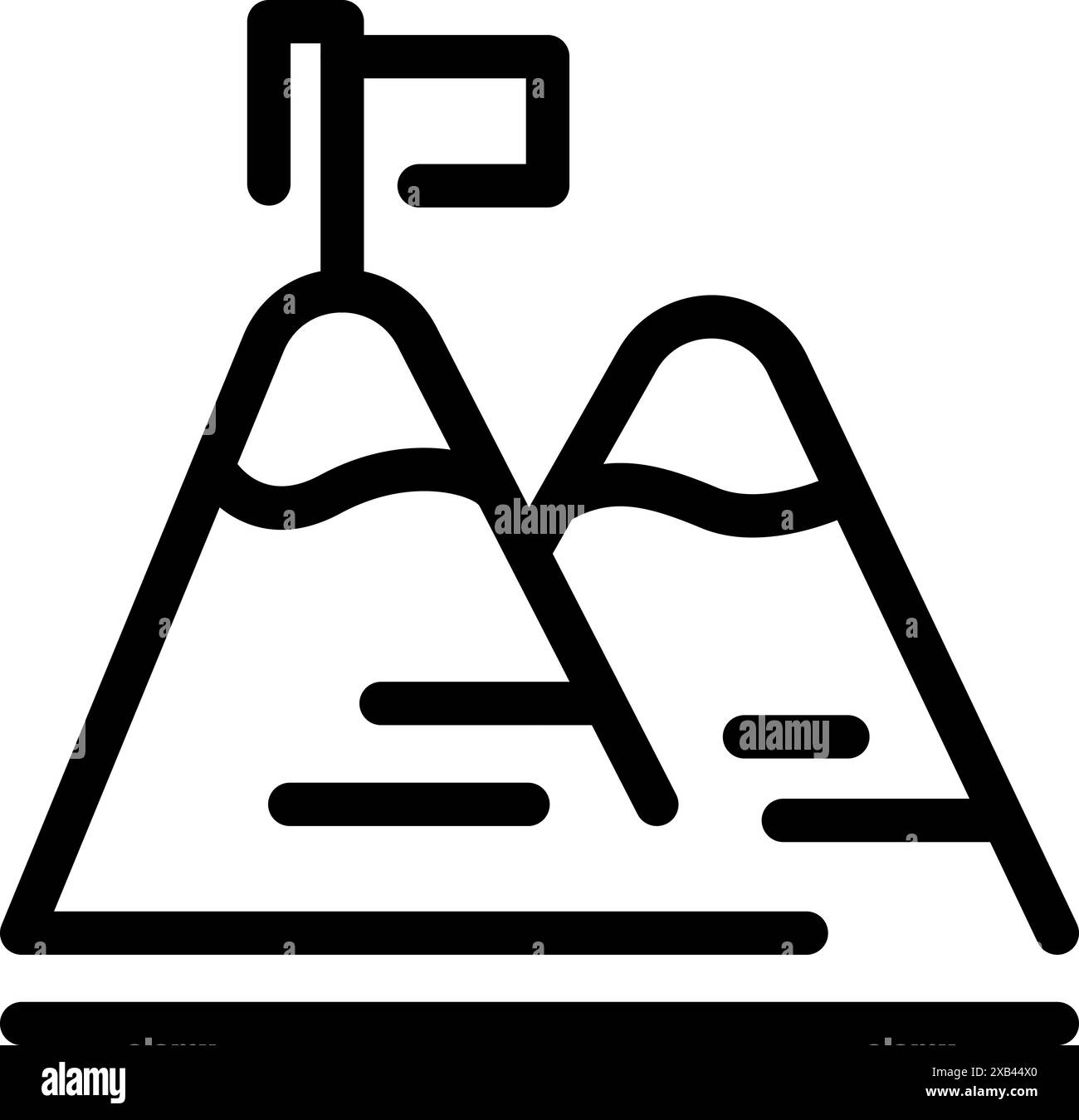 Line art icon of a mountain range with a flag representing reaching a ...