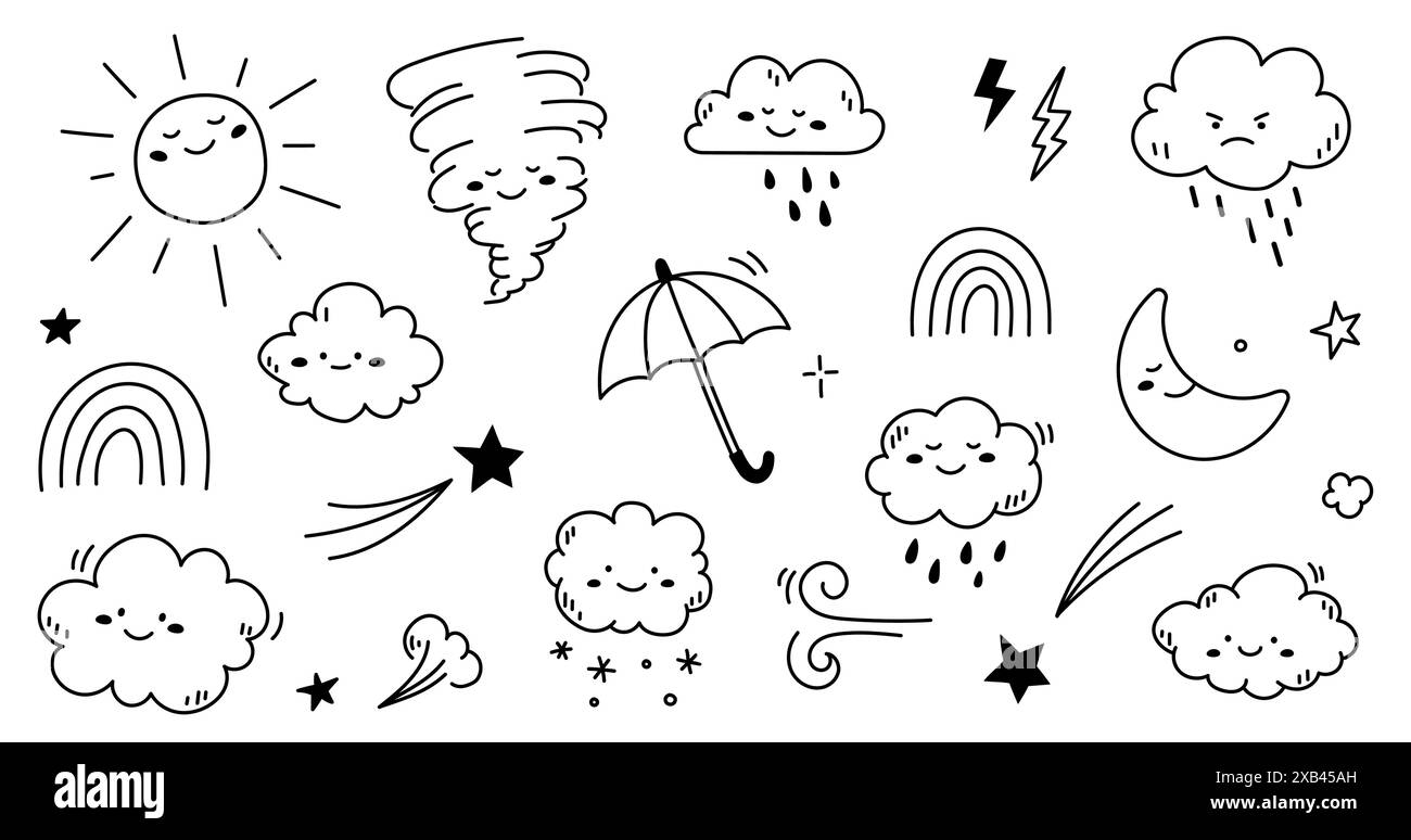 Cloud rain weather cartoon cute set. Cloud, sun, moon weather character ...