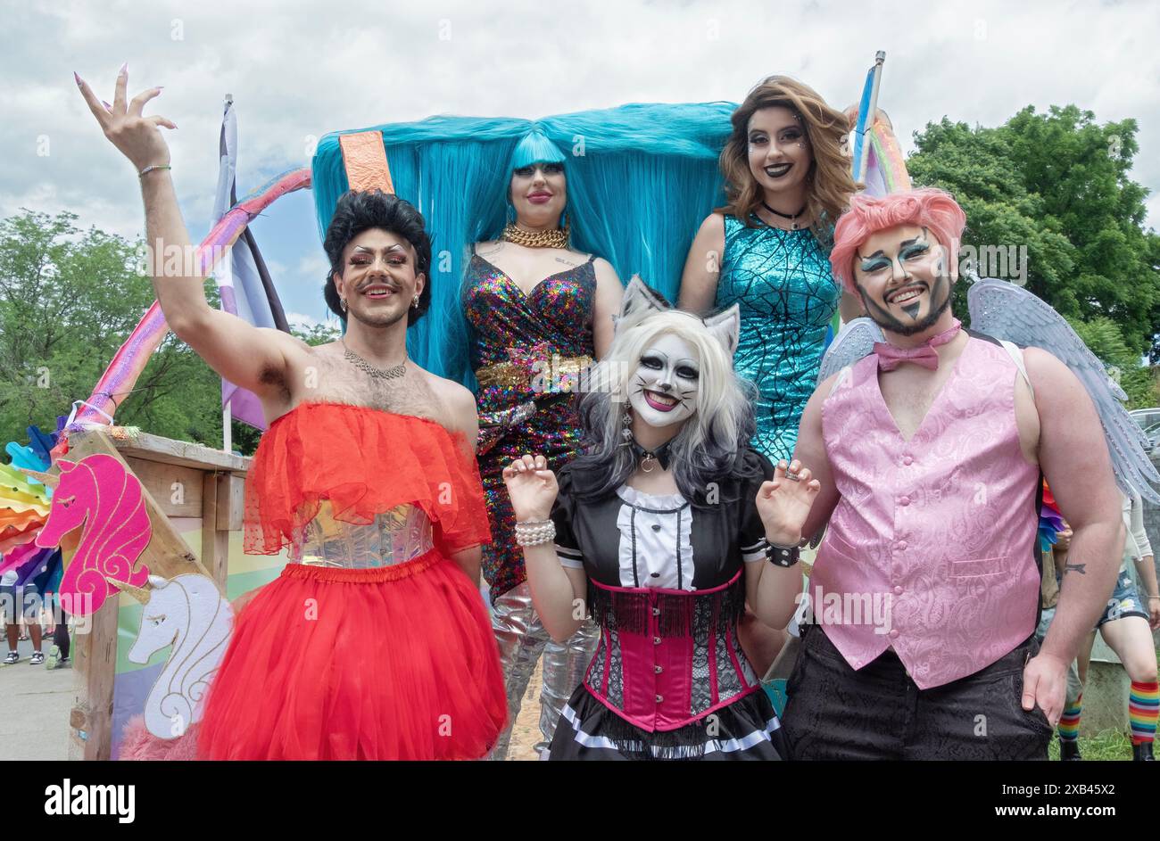 Members of the Haus of Extreme a drag group posed on their float at the ...
