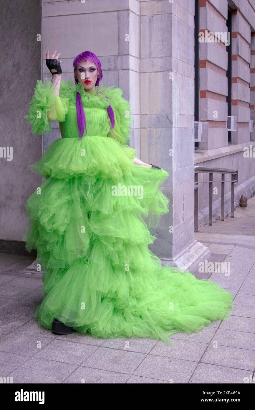 A slender tall man in drag wearing an ornate green dress & purple hair ...