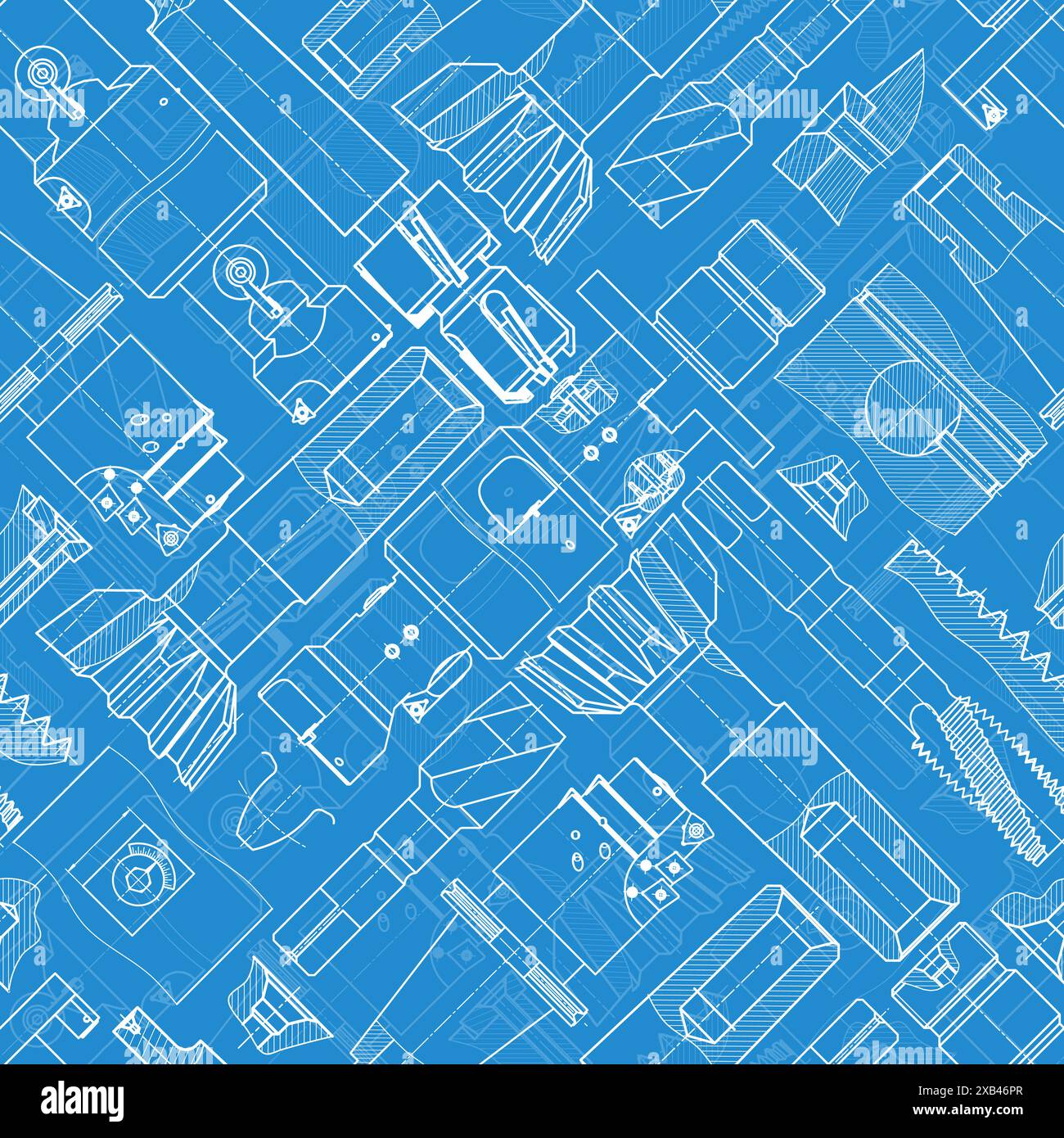 Mechanical engineering drawings on blue background. Tap tools, borer ...