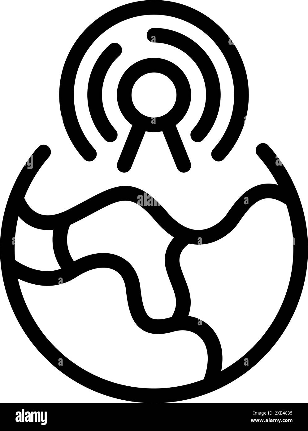 Simple, bold line icon of a globe with continents and a wireless signal ...