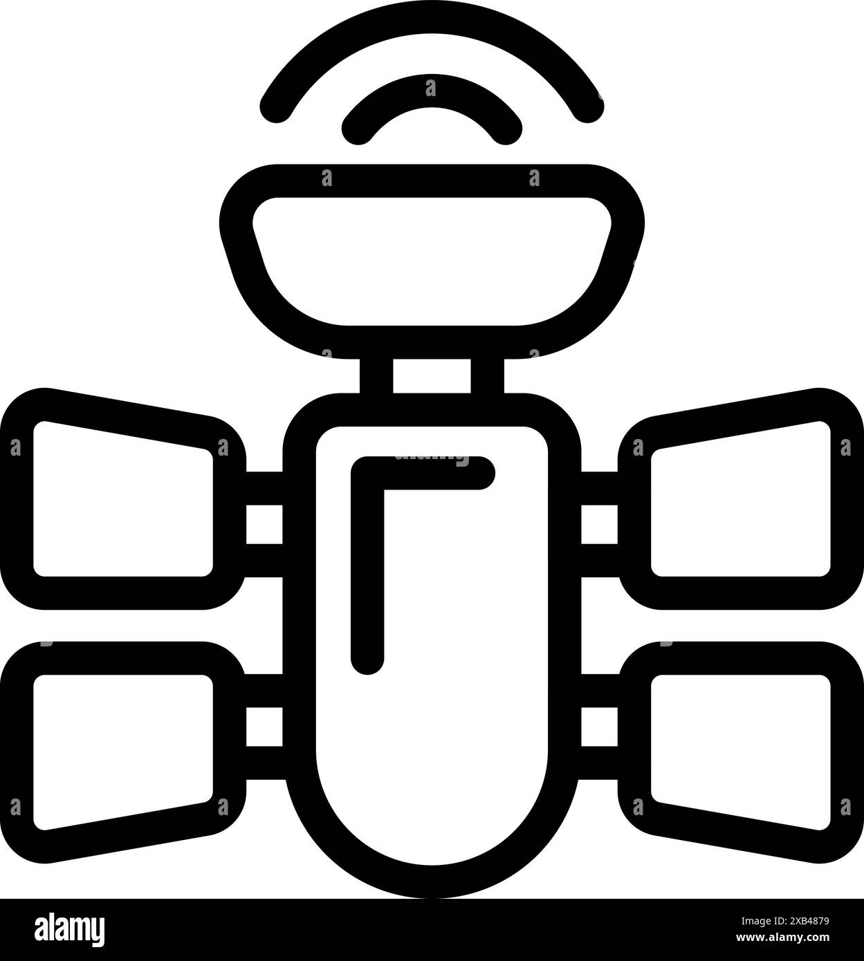 Simple bold outline icon representing a space satellite orbiting the earth and transmitting data ...