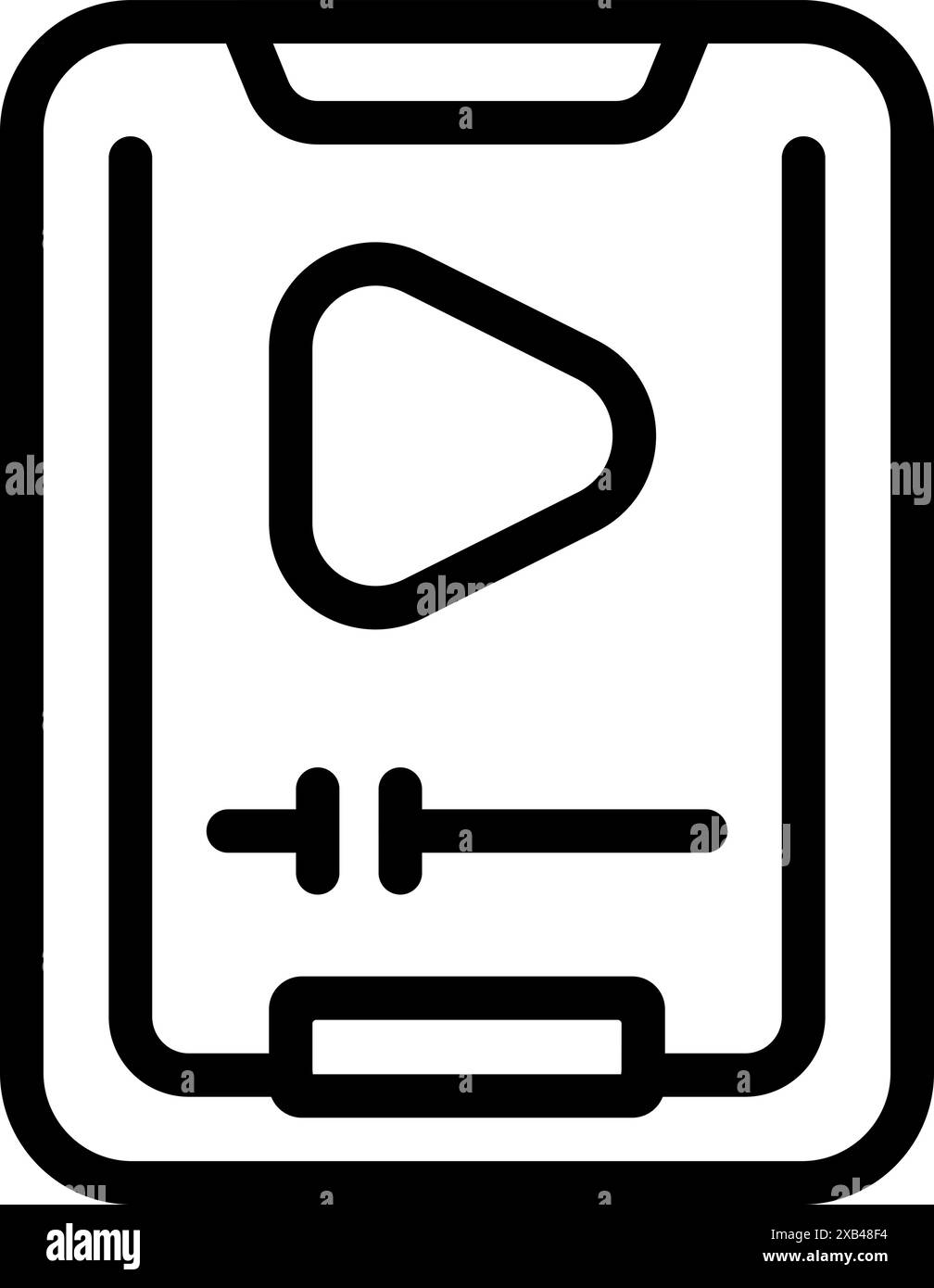 Simple, bold, black and white icon of a smartphone showing a video player interface with a play ...