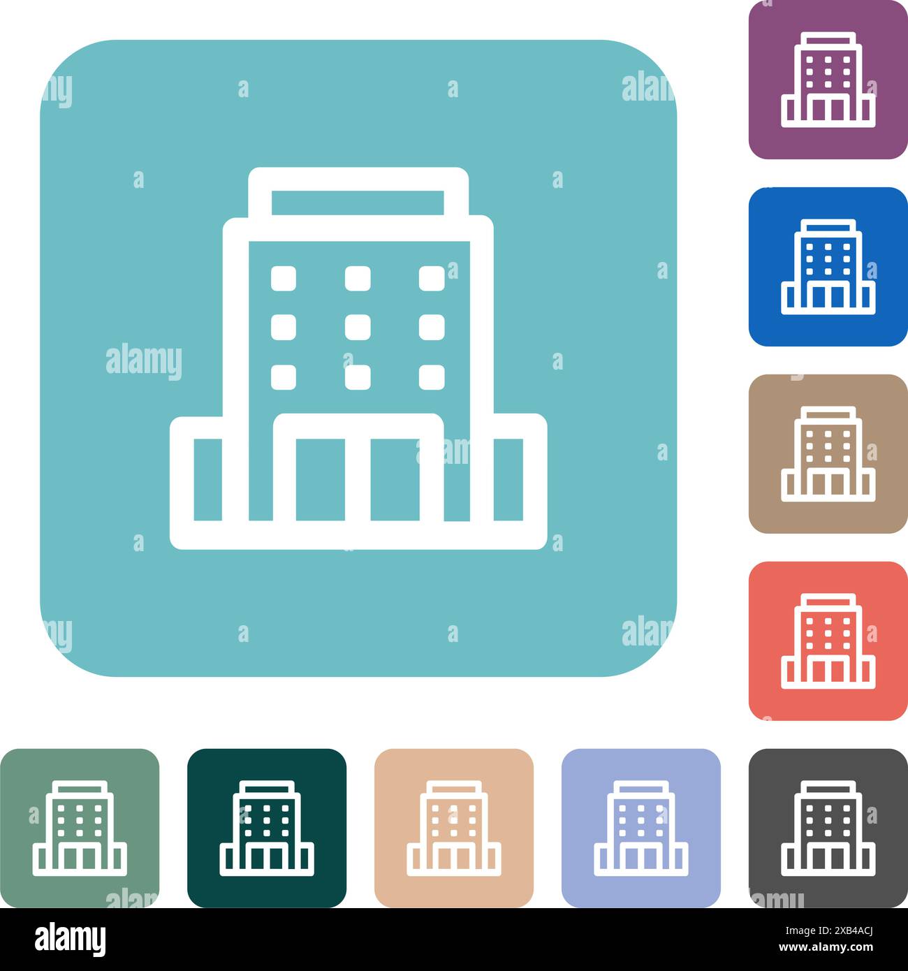 Office building outline white flat icons on color rounded square ...