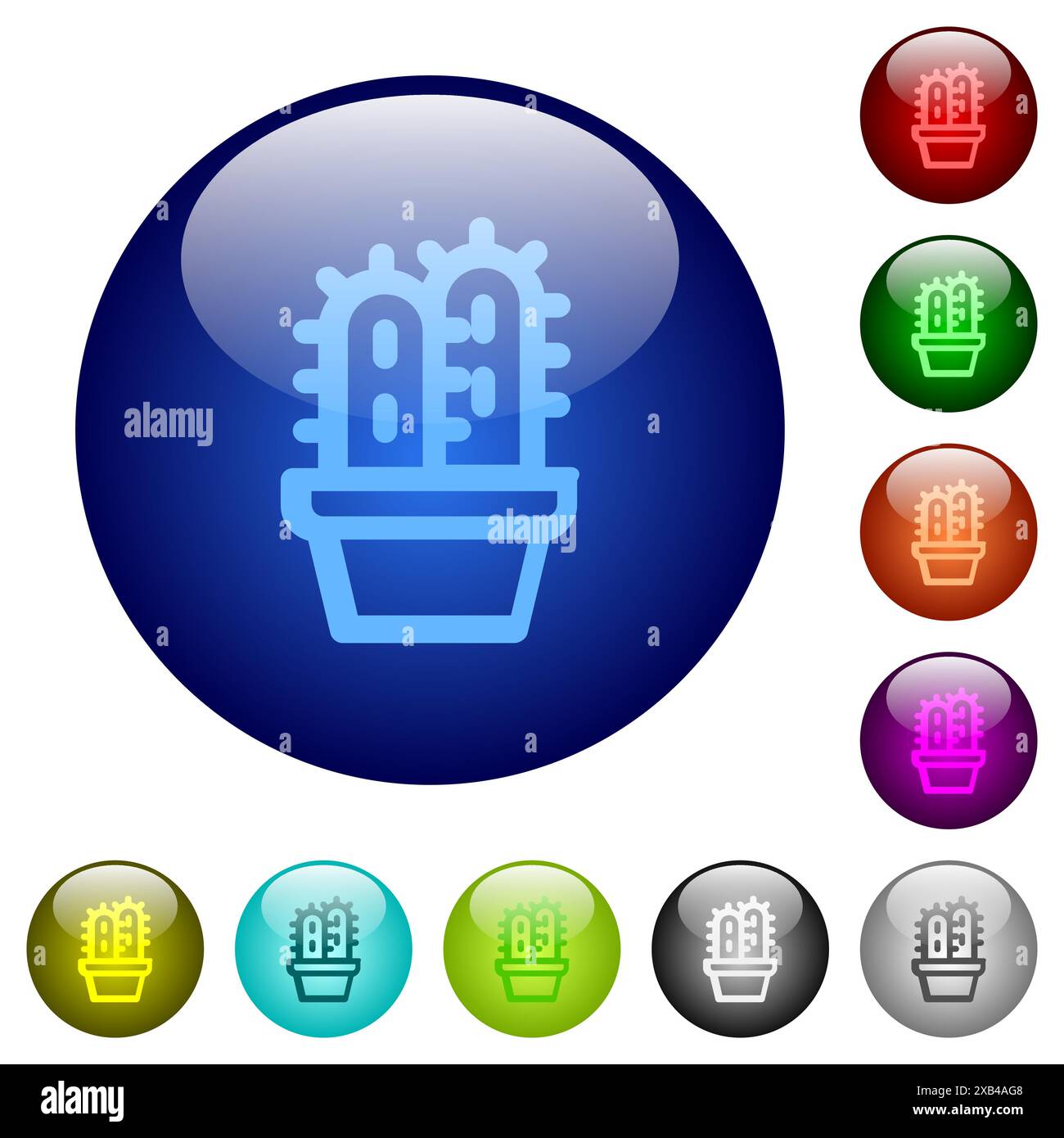 Potted cactus outline icons on round glass buttons in multiple colors. Arranged layer structure ...