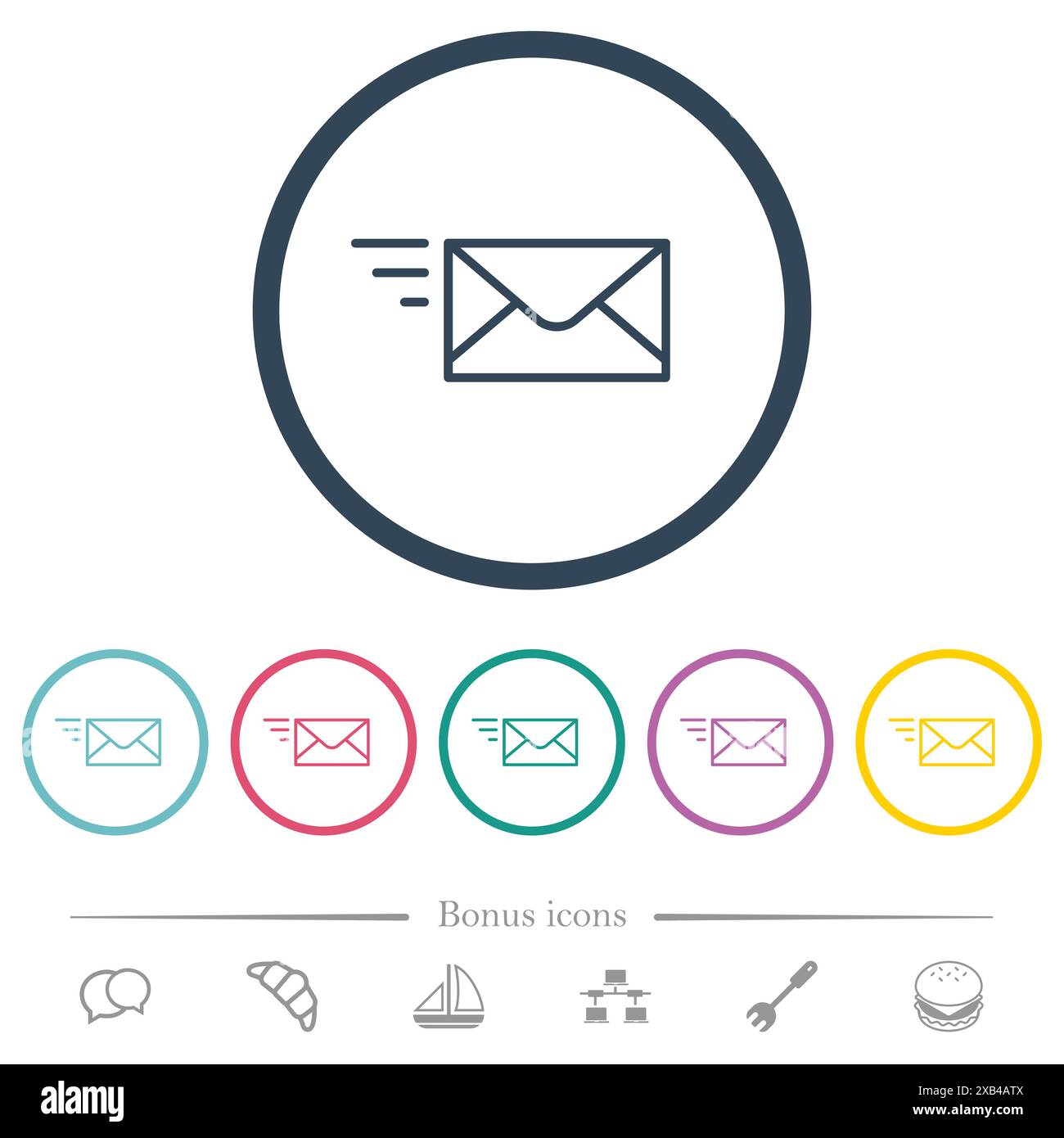 Sending mail outline flat color icons in round outlines. 6 bonus icons ...