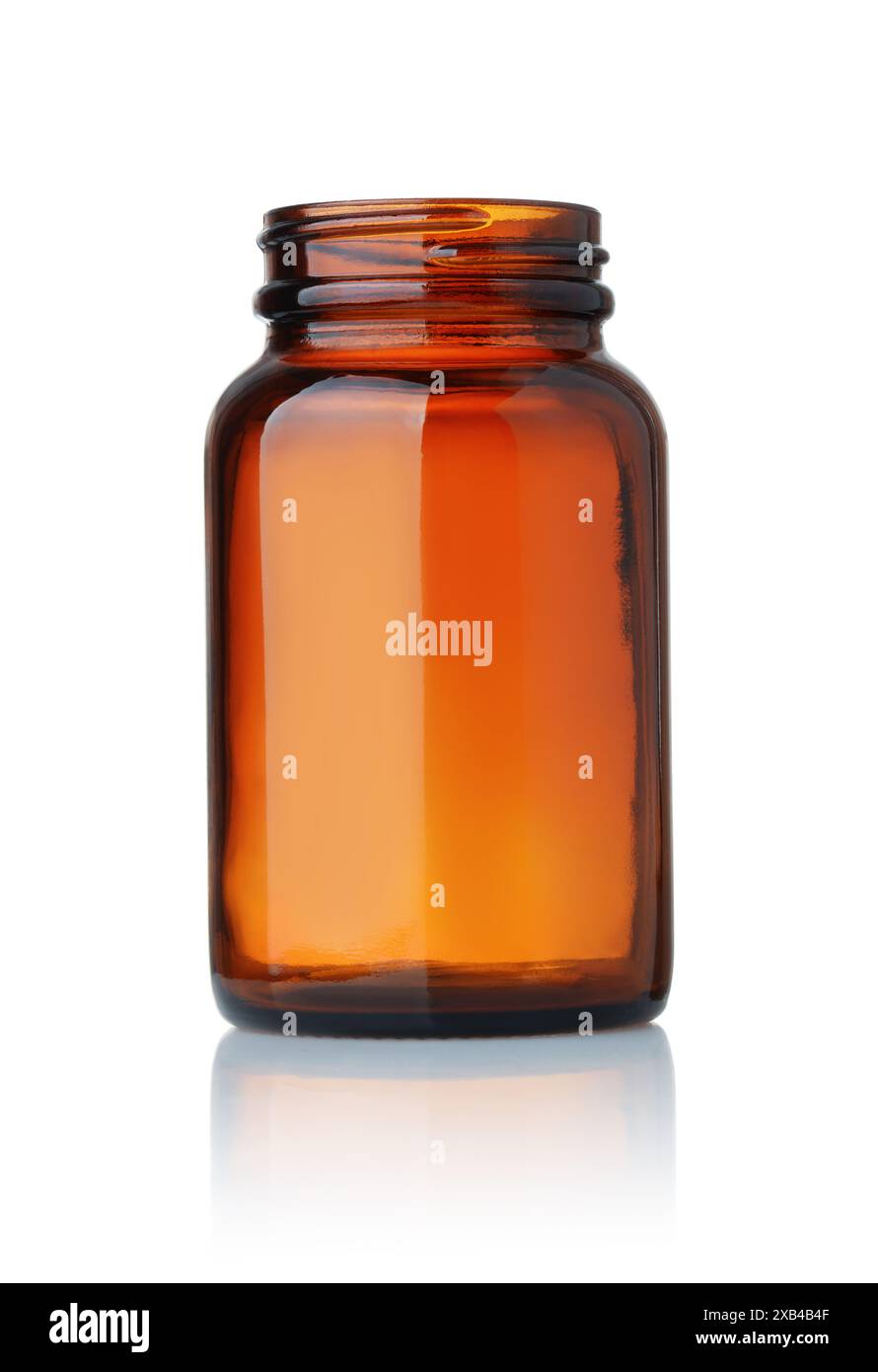 Front view of empty amber medical glass container isolated on white ...