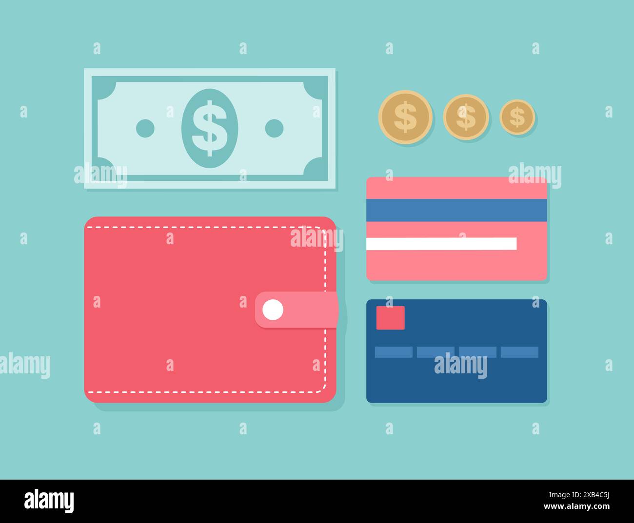 Money set. Red wallet, dollar bill, coins and credit cards on a green ...