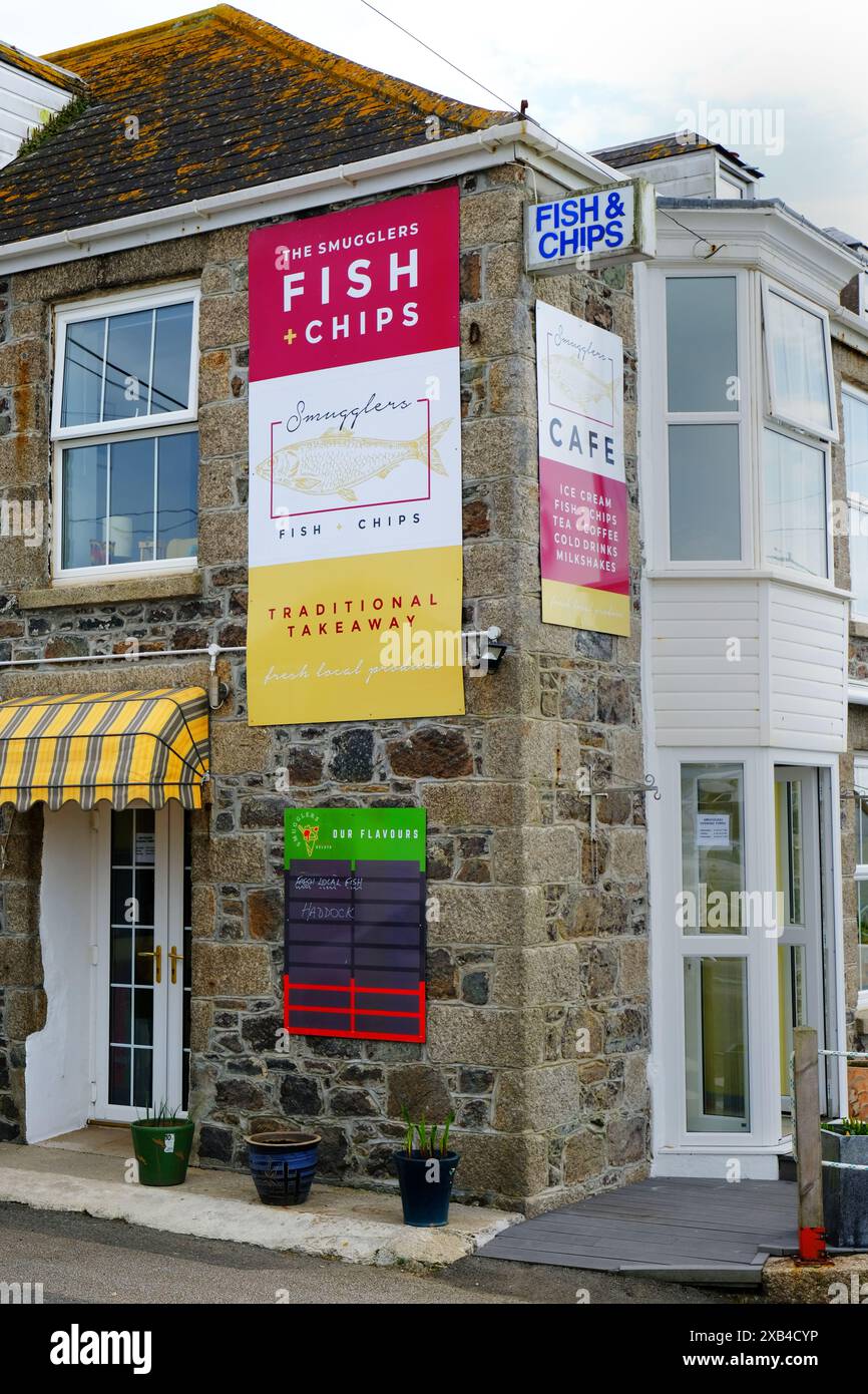 Exterior view of a fish and chip shop at the Lizard village, Cornwall ...