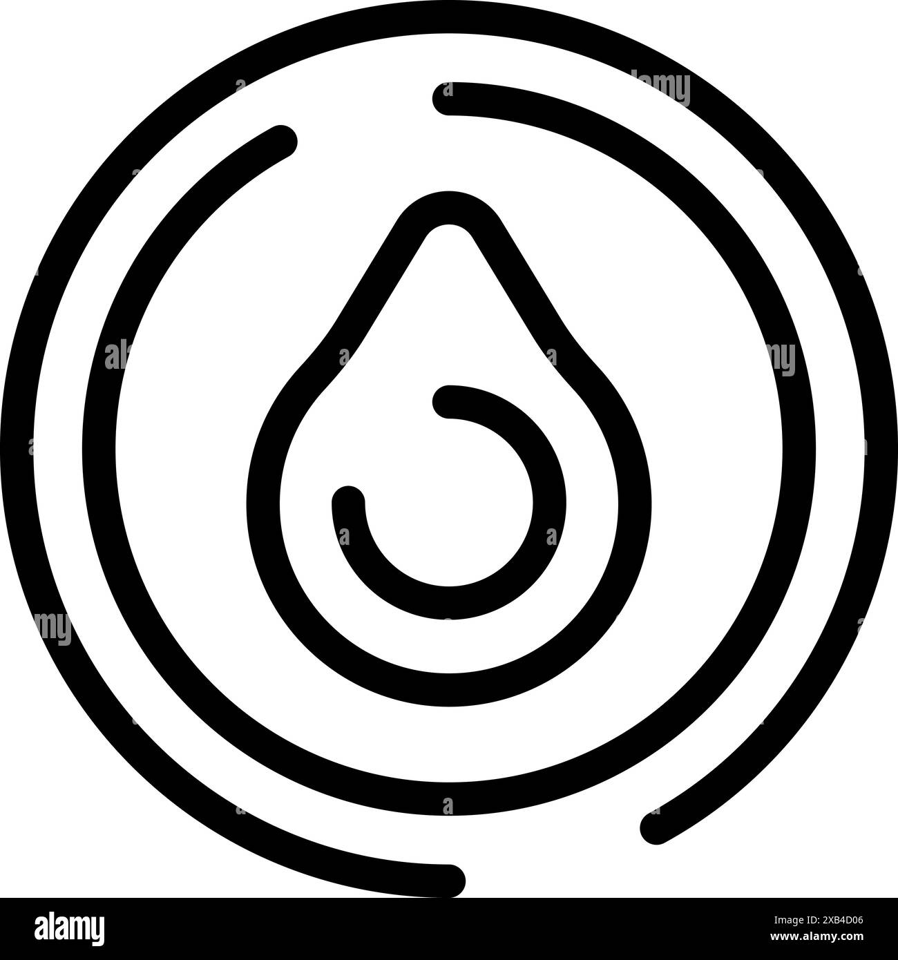 Black water drop symbol with circular lines representing waves on white ...