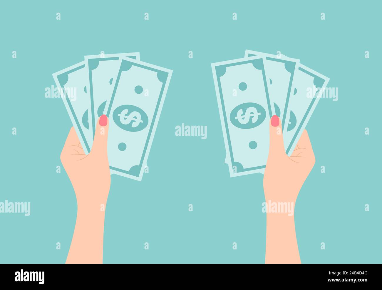 Female hands holding paper dollar bills on a green background, flat vector illustration Stock ...