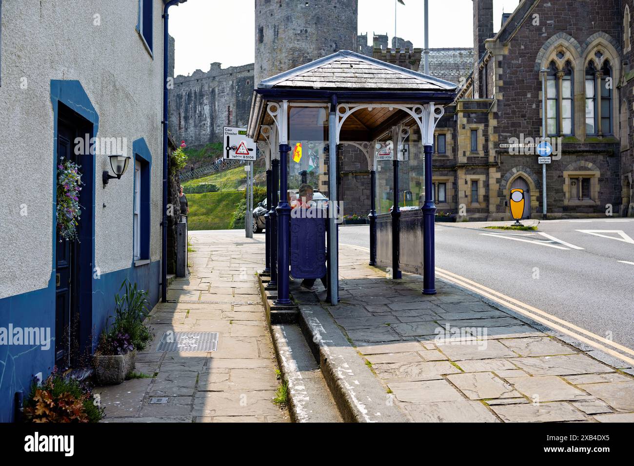 Conwy Wales Uk 06-01-2024. Bus stop in historic town near ancient ...