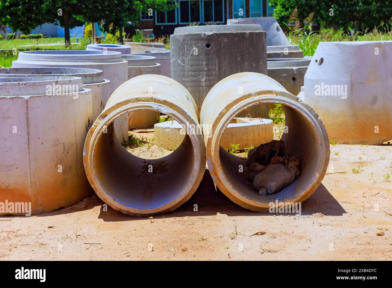 Concrete drainage wells for water discharge on construction site before ...