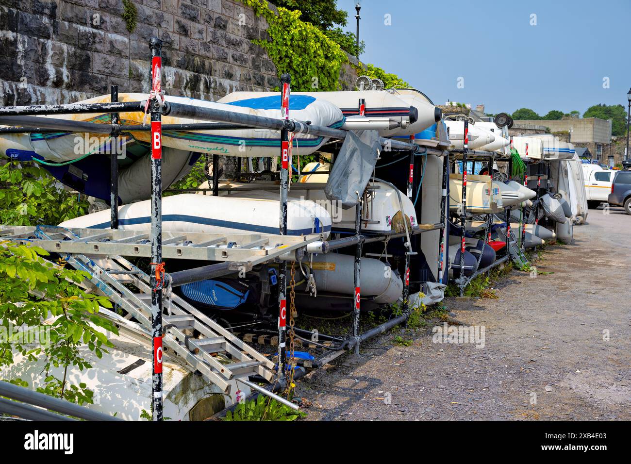 Conwy Wales UK 06-01-2024. Row of Inflatable Boats Stacked on Racks by ...