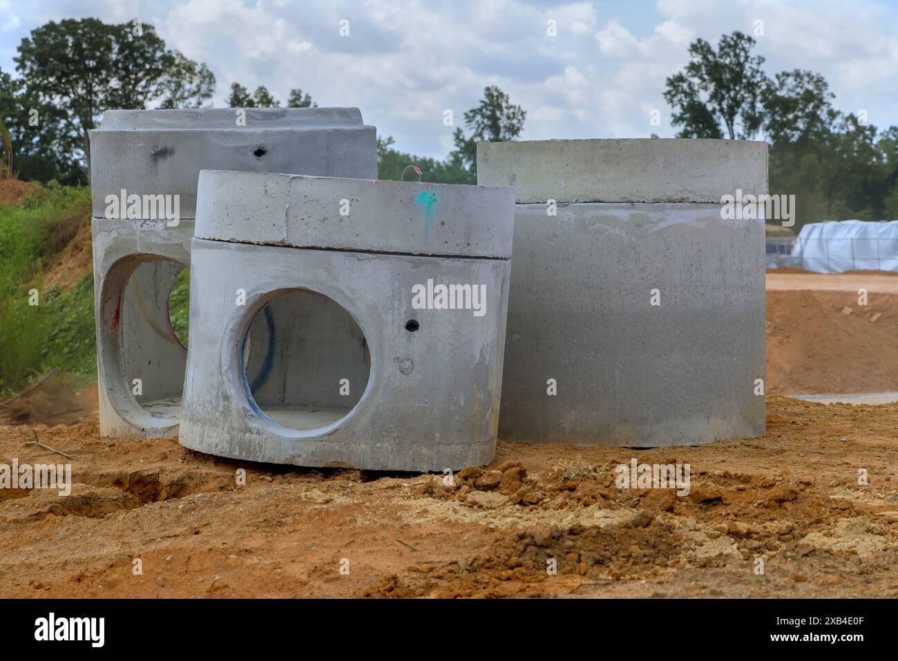 Stack of concrete drainage wells for water discharge prior to ...