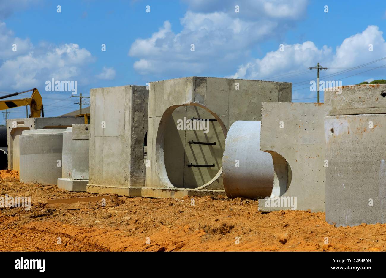 Stack of concrete drainage wells for water discharge in aconstruction ...