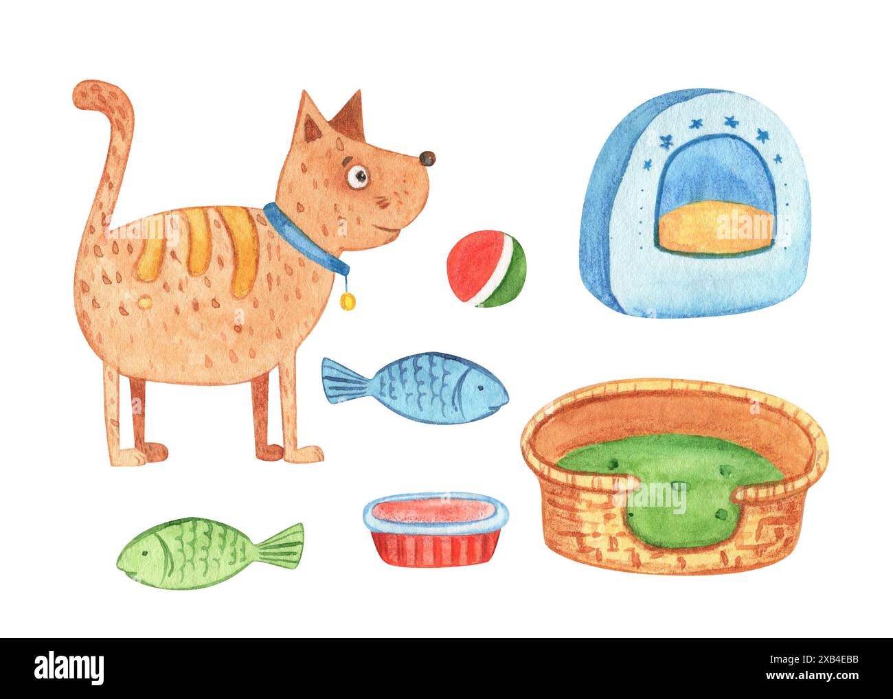 Set of pets goods, accessories for cat.Couch, huts, food, bowl, toys ...