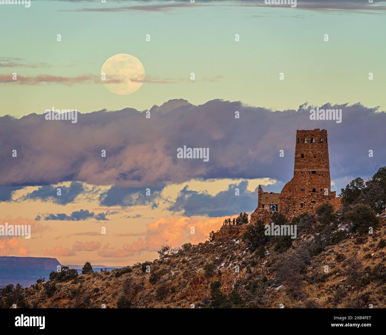 Winter moon rising over the Desert View Watchtower in Grand Canyon ...