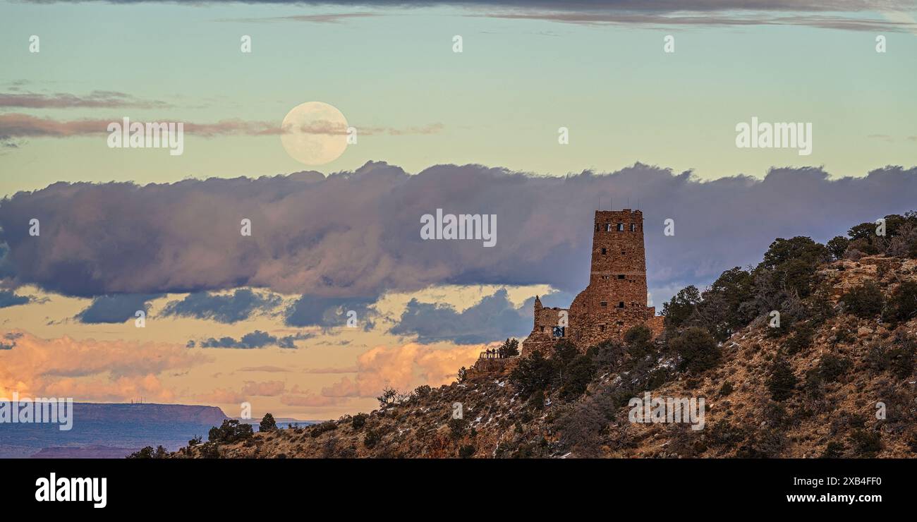 Winter moon rising over the Desert View Watchtower in Grand Canyon ...