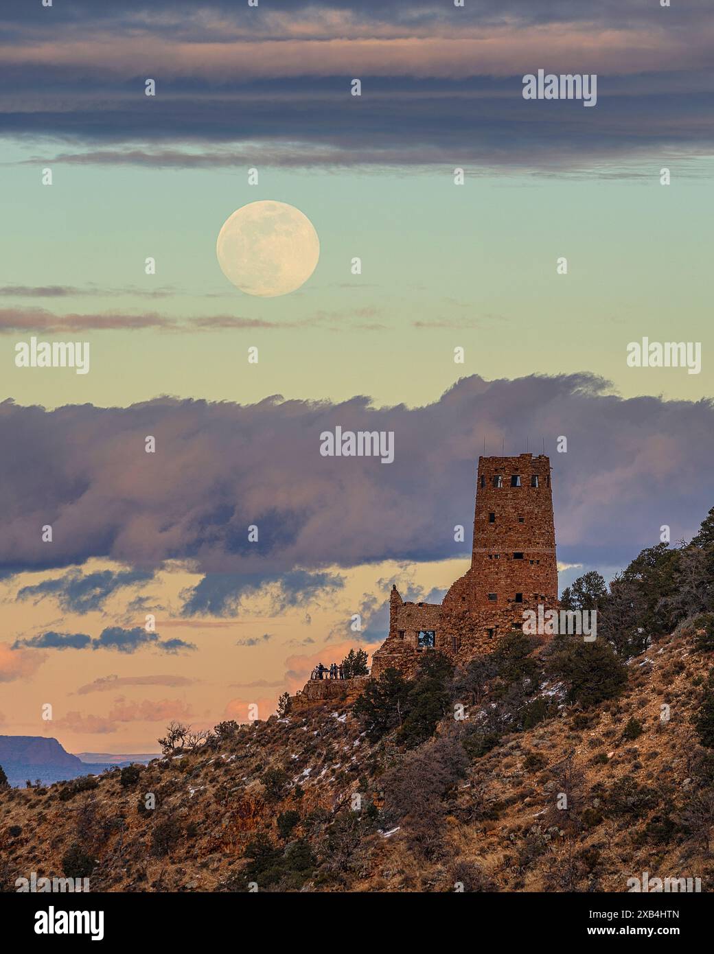 Winter moon rising over the Desert View Watchtower in Grand Canyon ...