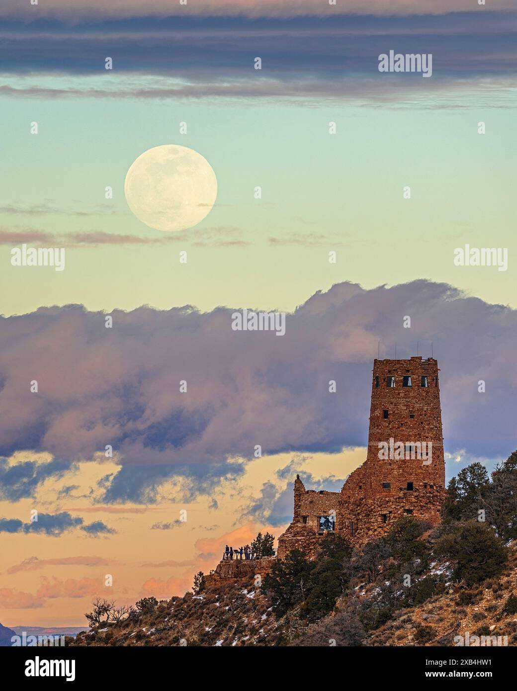 Winter moon rising over the Desert View Watchtower in Grand Canyon ...