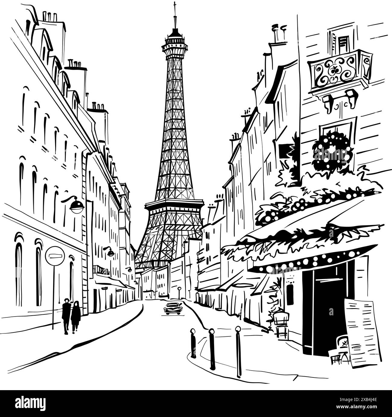 Vector black and white of Paris street with street cafe and Eiffel ...